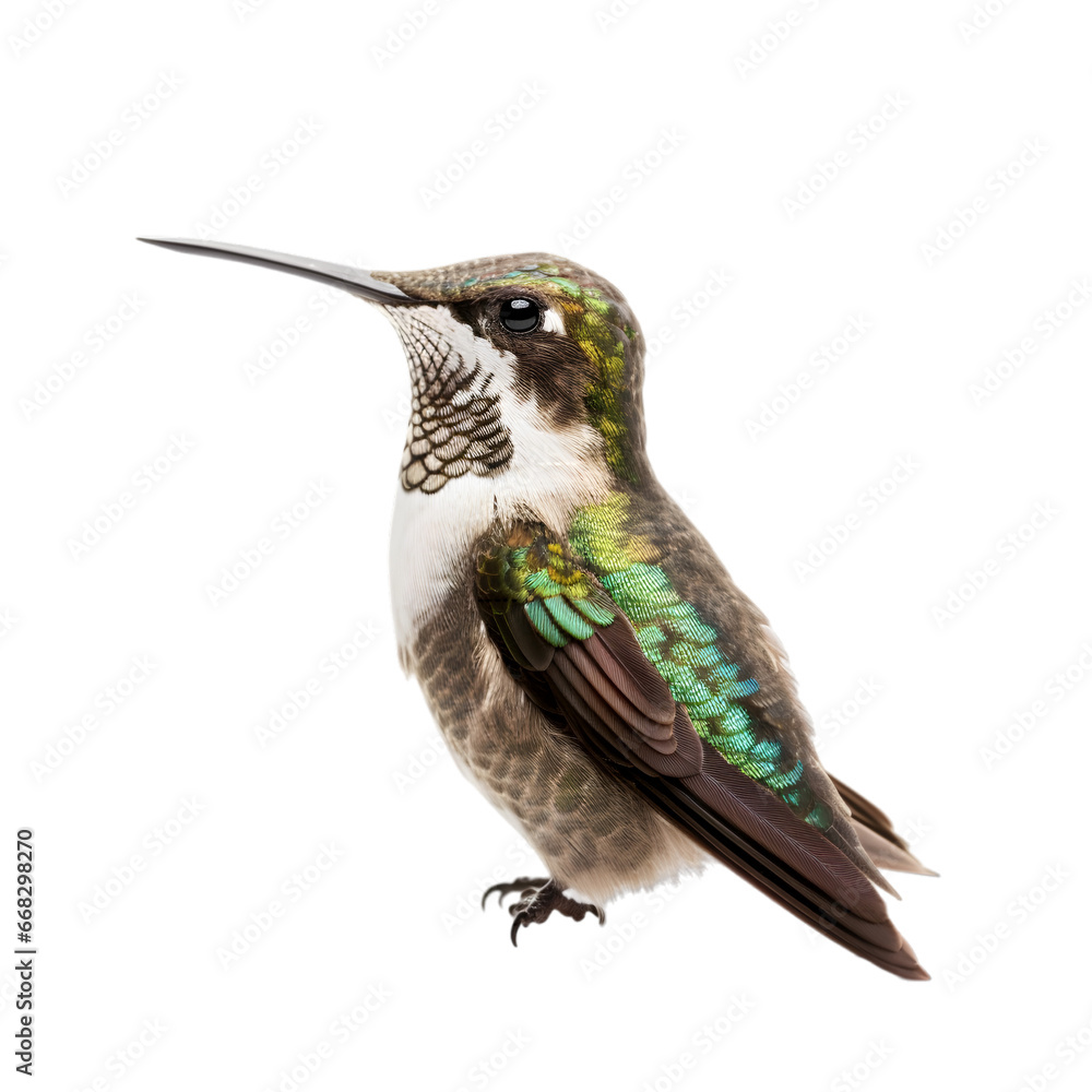 Side view, a multi colors hummingbird sitting against transparent ...