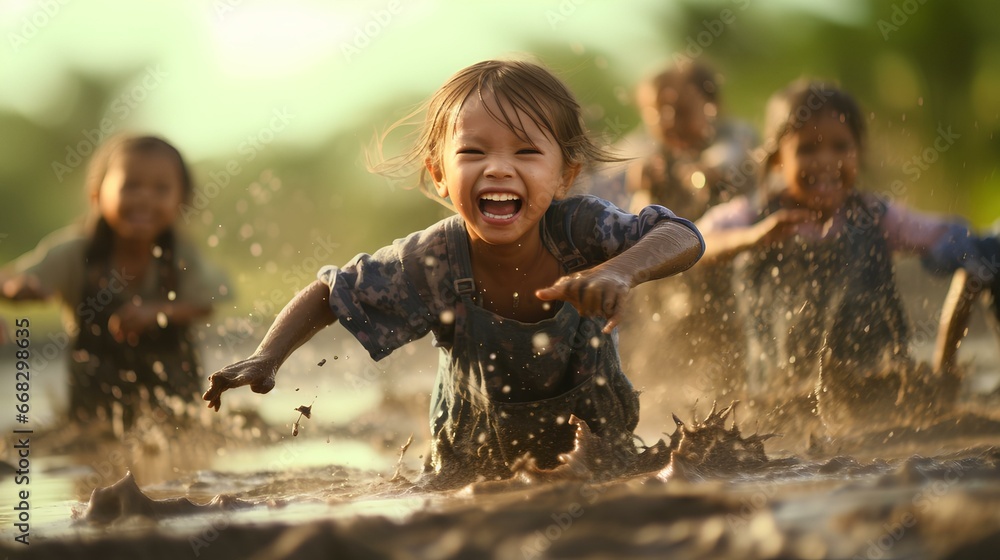 a group of small children playing in the mud in the rice fields with ...
