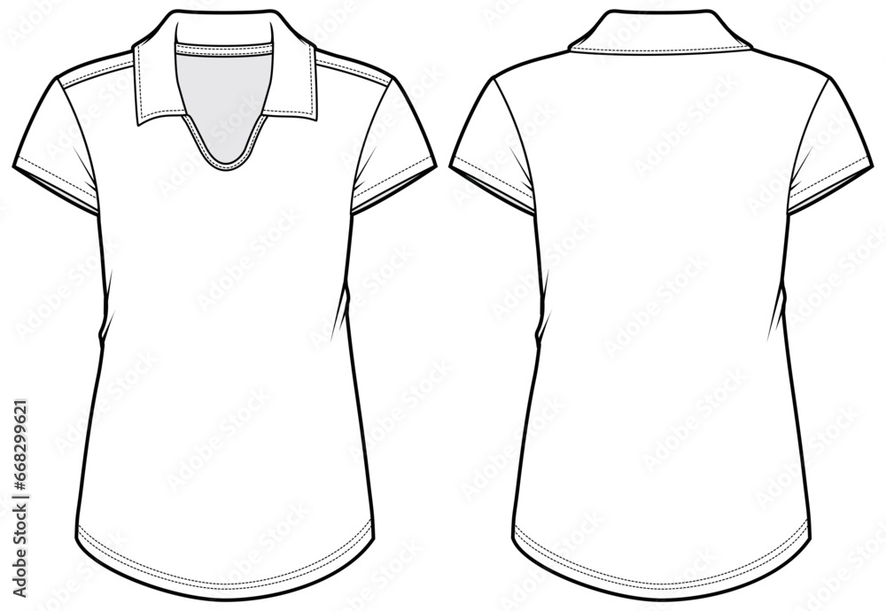 Women's polo collar T Shirt flat sketch fashion illustration drawing ...
