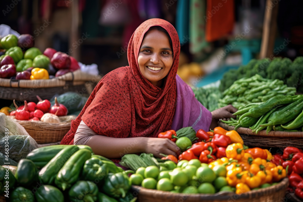 Behind the vegetable stall, a smiling Asian woman promotes a colorful ...