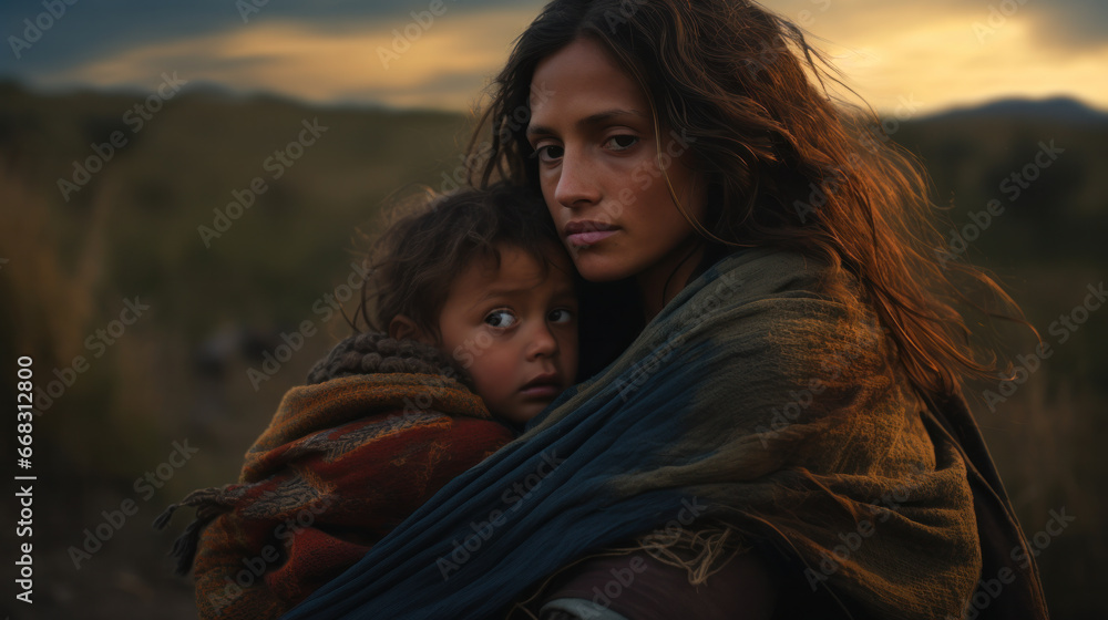 Poverty and poorness on people face. Sad little girl and her mother ...