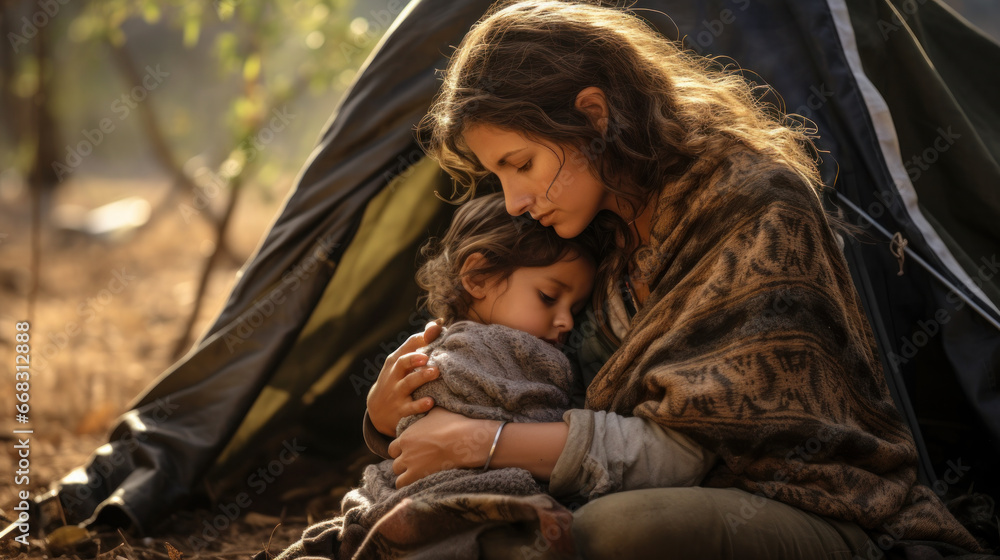 Poverty and poorness on people face. Sad little girl and her mother ...