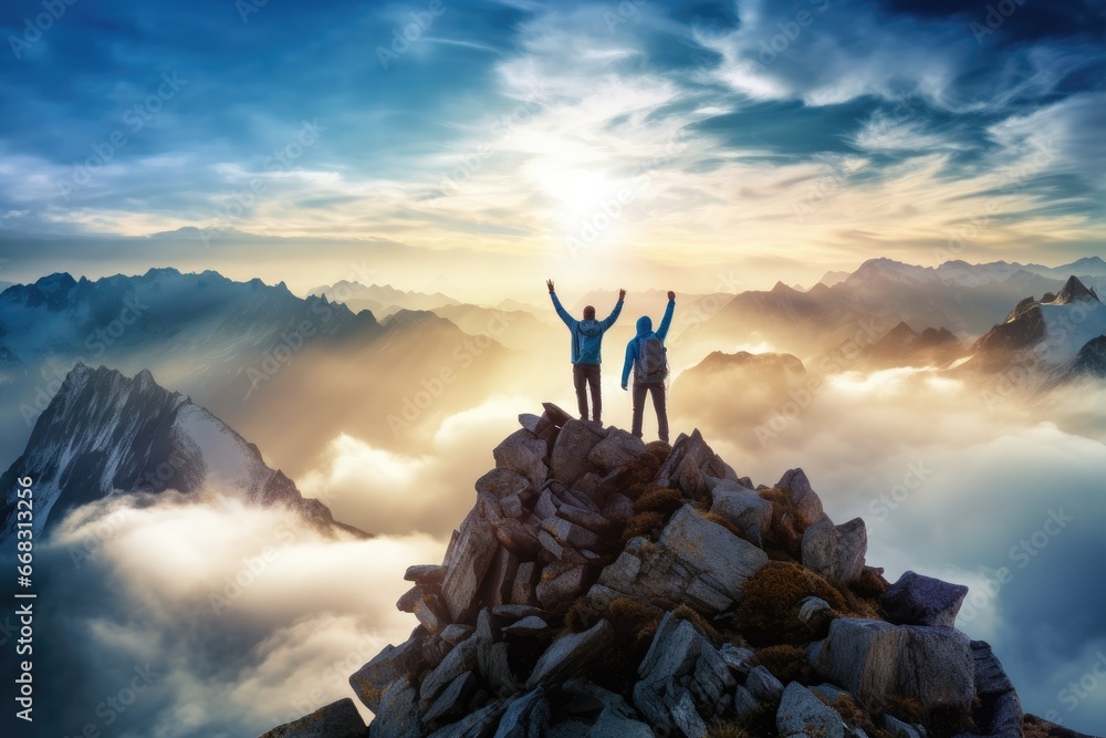 Hikers reaching the peak, celebrating their accomplishment with a ...