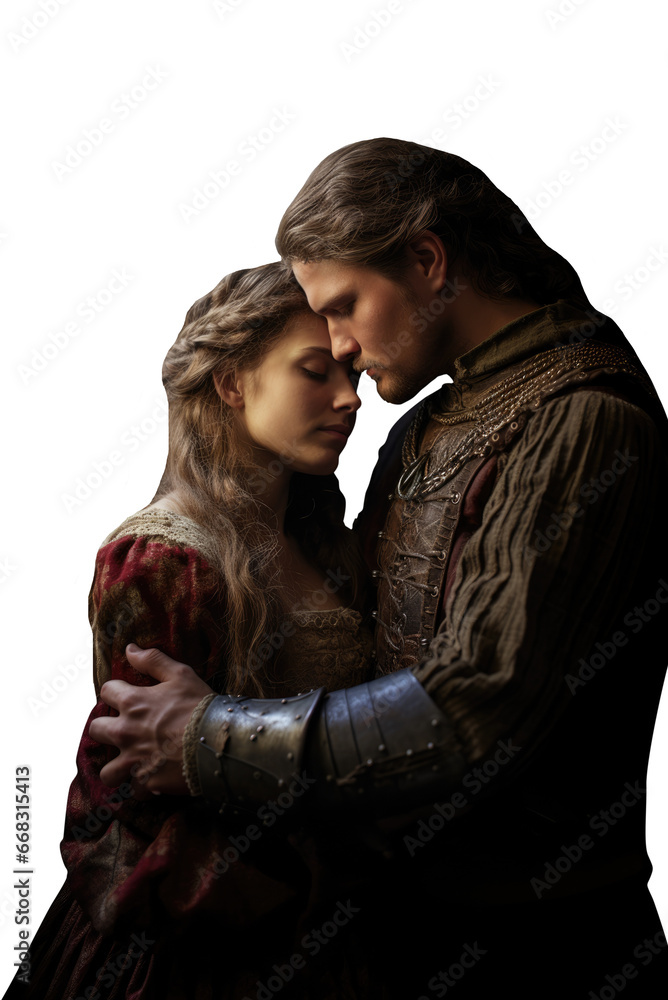 Medieval couple in love. loving embrace. handsome man with long hair ...