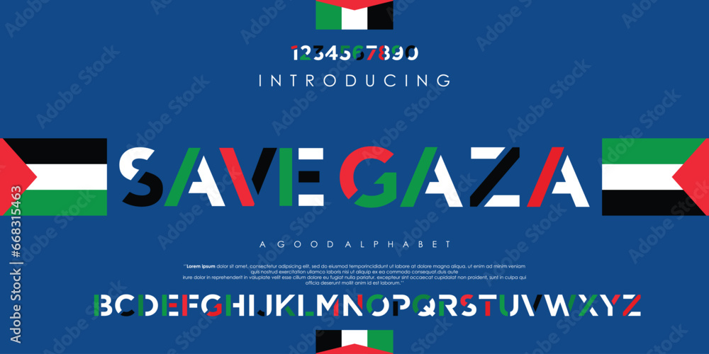 Modern Palestine save gaza Abstract alphabet font. Save Palestine save ...