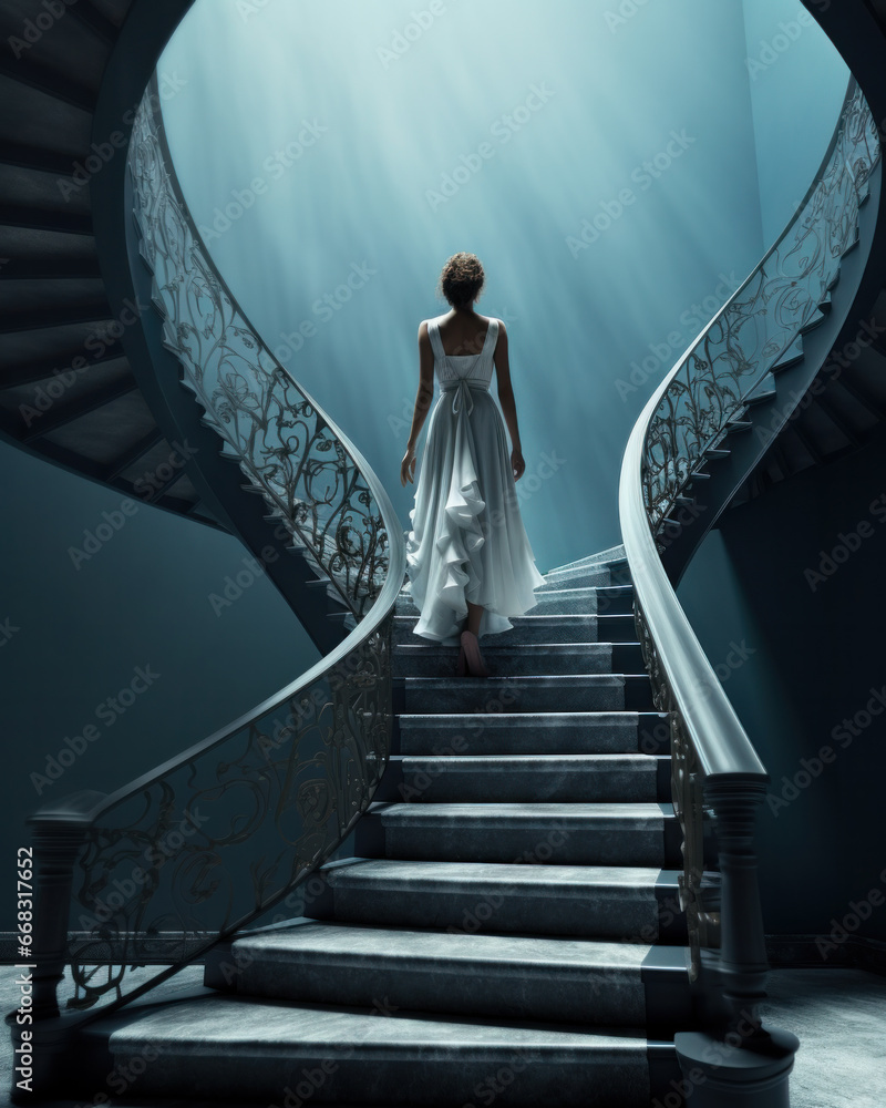a girl in a wedding dress is walking up the stairs. beige dress ...