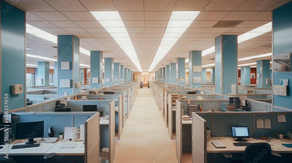 Down the row of a two-row cubicle farm with desks and dividers looking ...