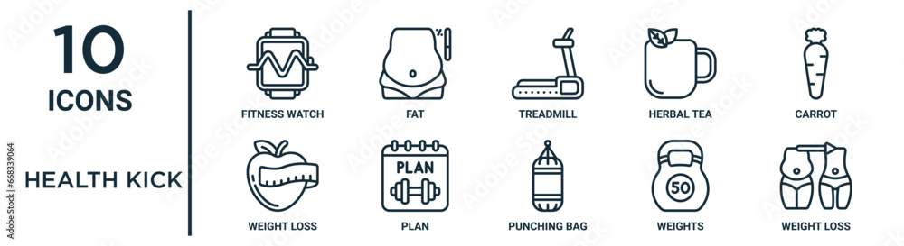 health kick outline icon set such as thin line fitness watch, treadmill ...