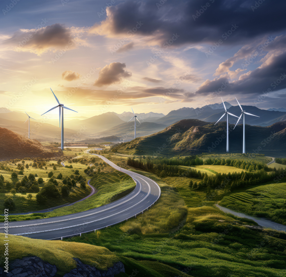 Beautiful hilly landscape with wind turbines generating electricity ...