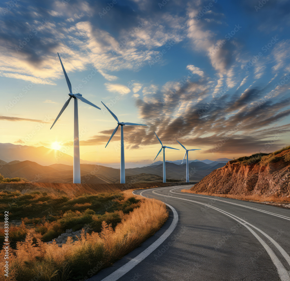Beautiful hilly landscape with wind turbines generating electricity ...