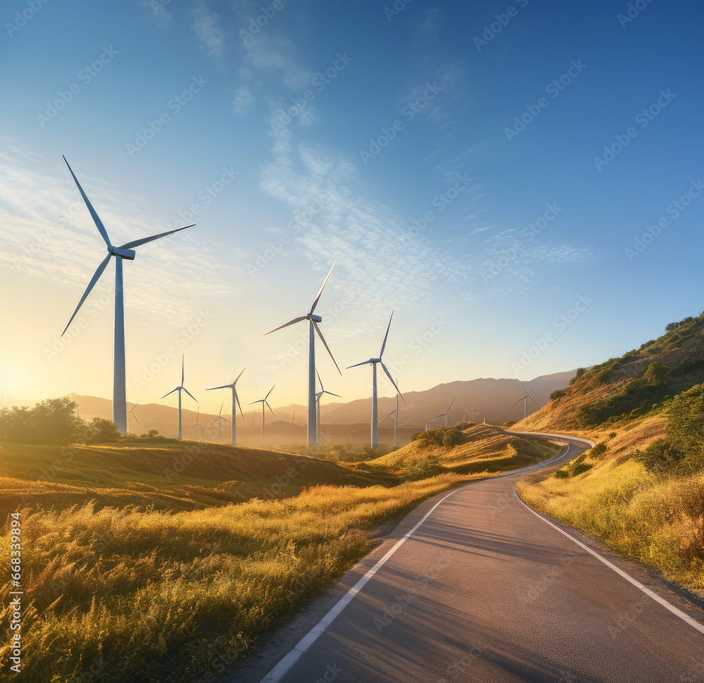 Beautiful hilly landscape with wind turbines generating electricity ...