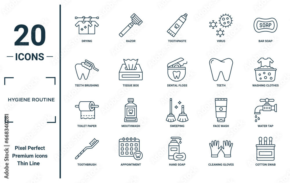 hygiene routine linear icon set. includes thin line drying, teeth ...