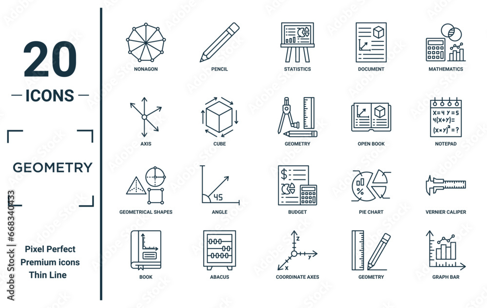geometry linear icon set. includes thin line nonagon, axis, geometrical ...