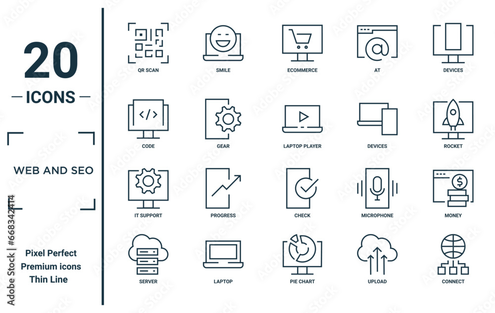 web and seo linear icon set. includes thin line qr scan, code, it support, server, connect ...