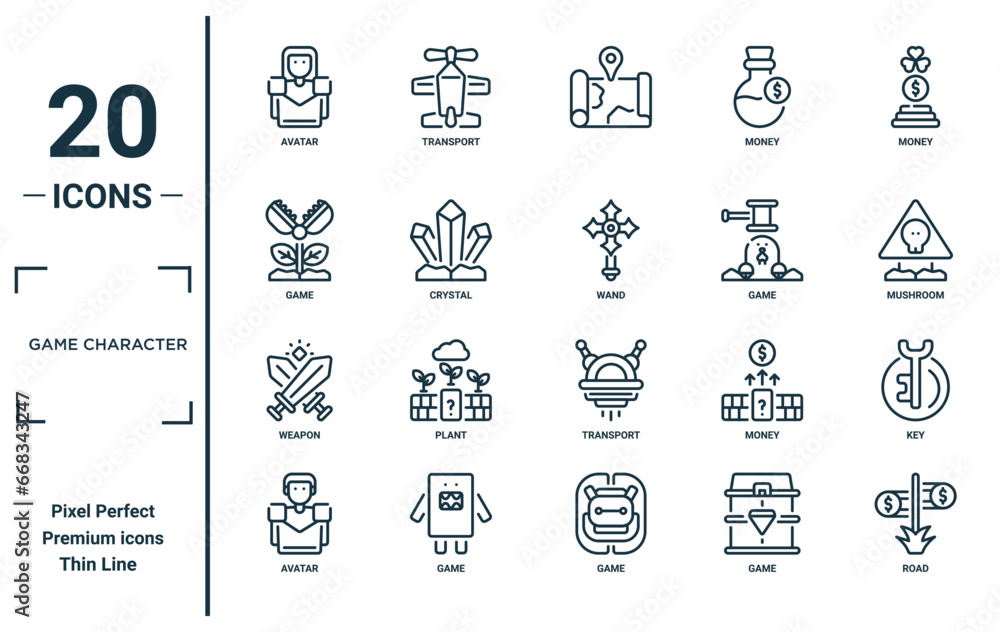 game character linear icon set. includes thin line avatar, game, weapon ...