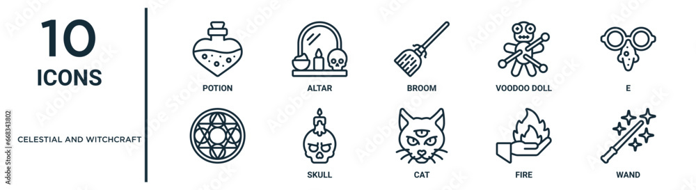 Vetor de celestial and witchcraft outline icon set such as thin line ...