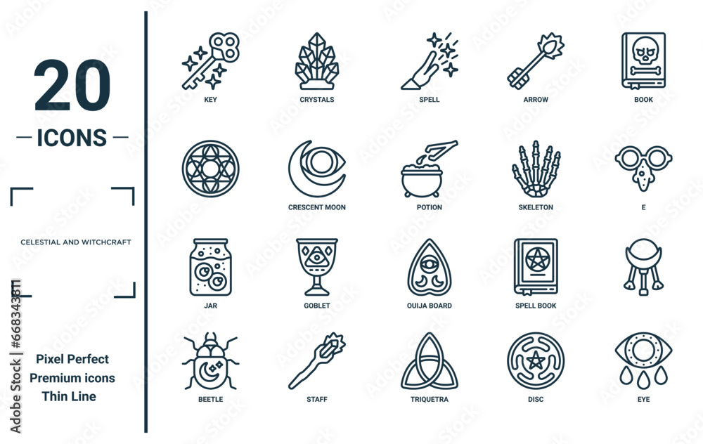 celestial and witchcraft linear icon set. includes thin line key, , jar ...
