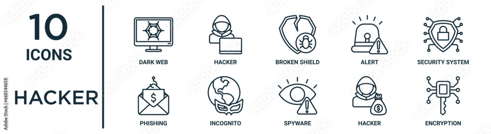 Vetor de hacker outline icon set such as thin line dark web, broken ...