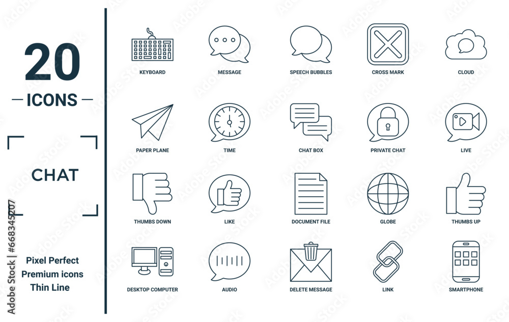 chat linear icon set. includes thin line keyboard, paper plane, thumbs ...