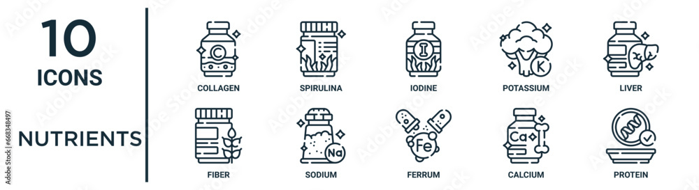 nutrients outline icon set such as thin line collagen, iodine, liver ...