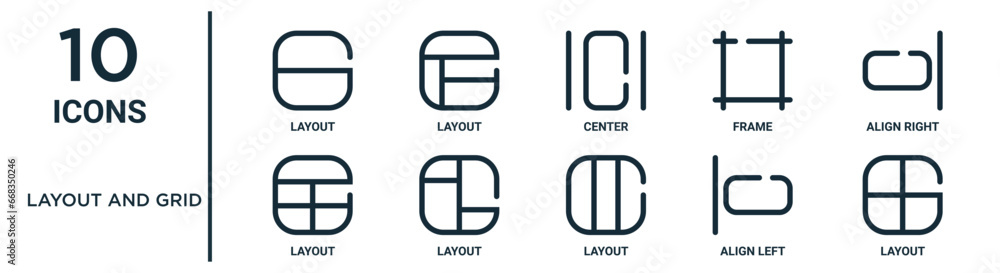 layout and grid outline icon set such as thin line layout, center, align right, layout, align ...