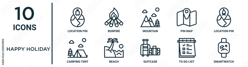 happy holiday outline icon set such as thin line location pin, mountain ...
