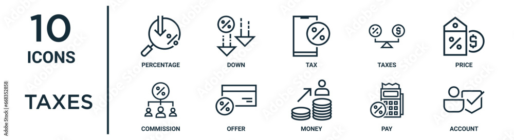 taxes outline icon set such as thin line percentage, tax, price, offer ...