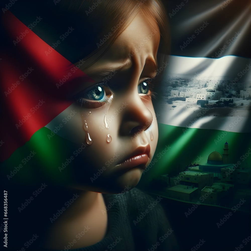 sad little Palestinian child crying with Palestinian flag background ...