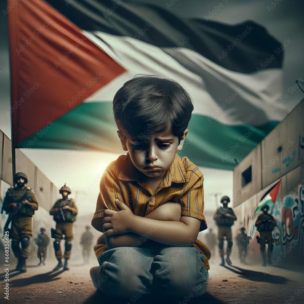 sad little Palestinian child crying with Palestinian flag background ...