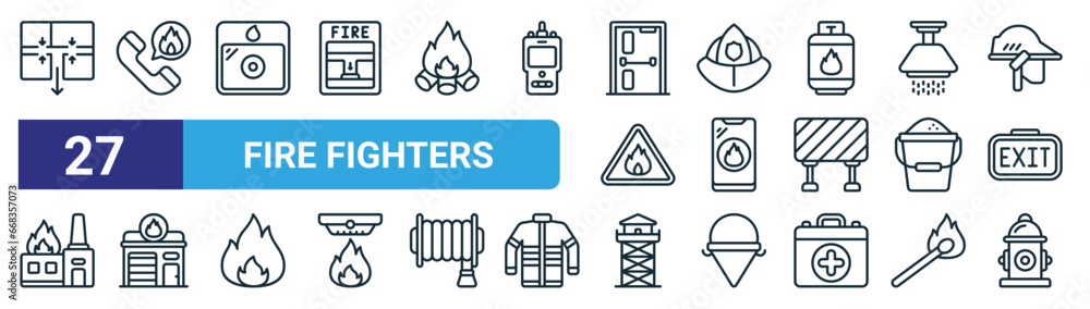 set of 27 outline web fire fighters icons such as escape, emergency ...