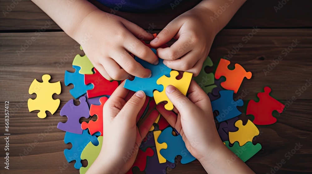 An autistic child` s hands play colorful jigsaw puzzle, Autism concept ...