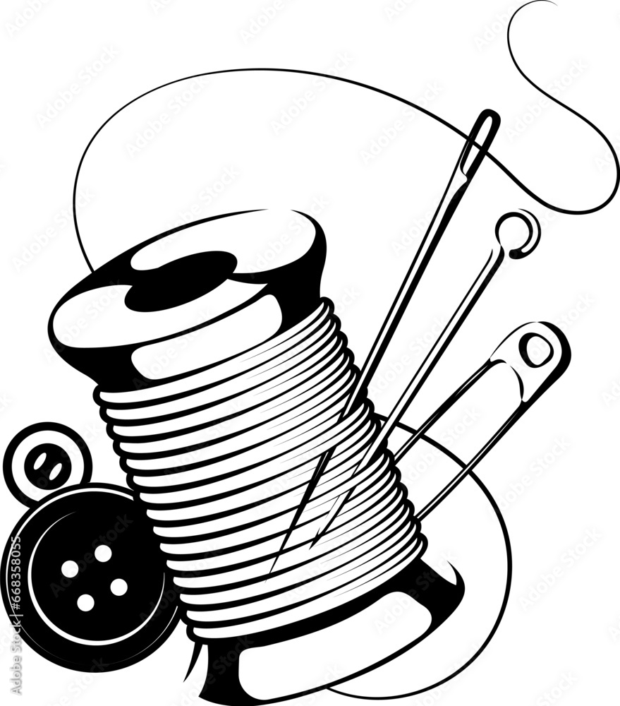 Spool of thread, needle, button and pin symbol for seamstress and ...
