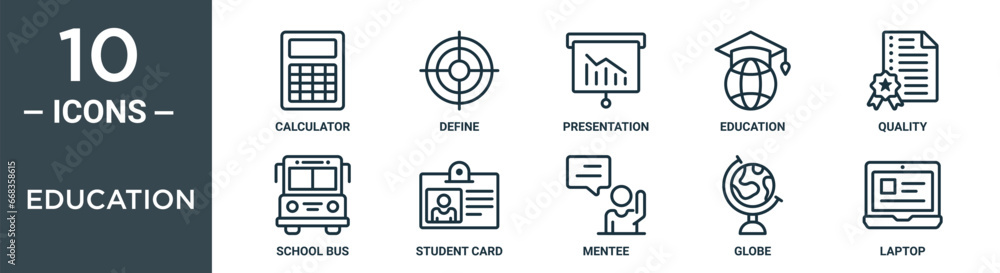 education outline icon set includes thin line calculator, define ...