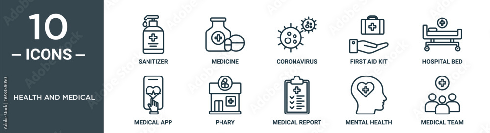 health and medical outline icon set includes thin line sanitizer, medicine, coronavirus, first ...