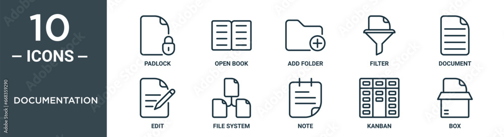 documentation outline icon set includes thin line padlock, open book ...