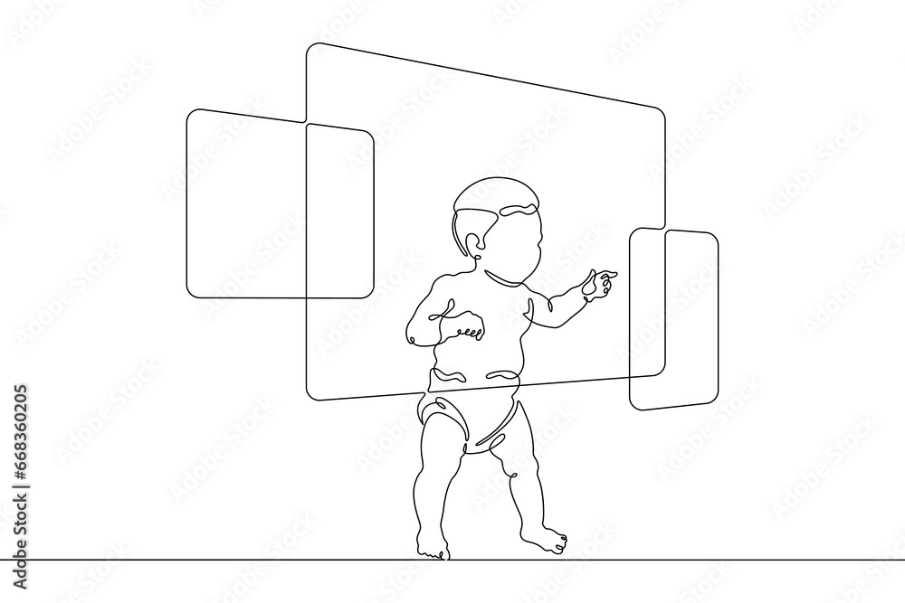A child with large screens. Interactive monitors. The child touches the ...