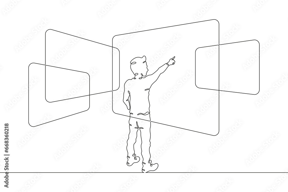 A child with large screens. Interactive monitors. The child touches the ...