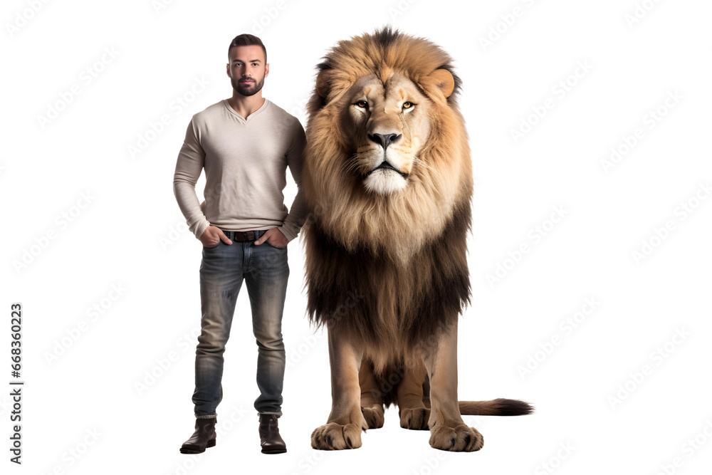 Men standing side-by-side with his Pet Lion (PNG Cutout) isolated on ...