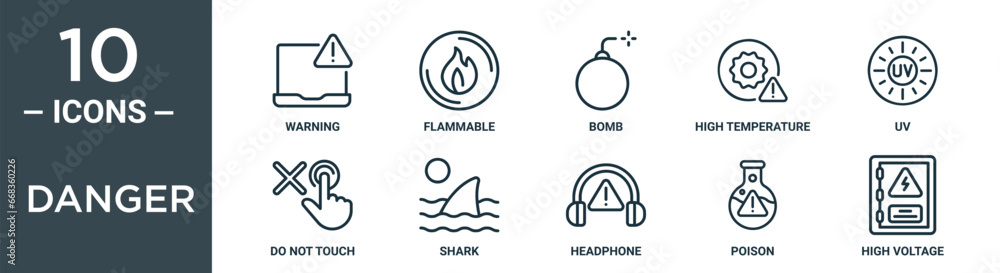 danger outline icon set includes thin line warning, flammable, bomb ...