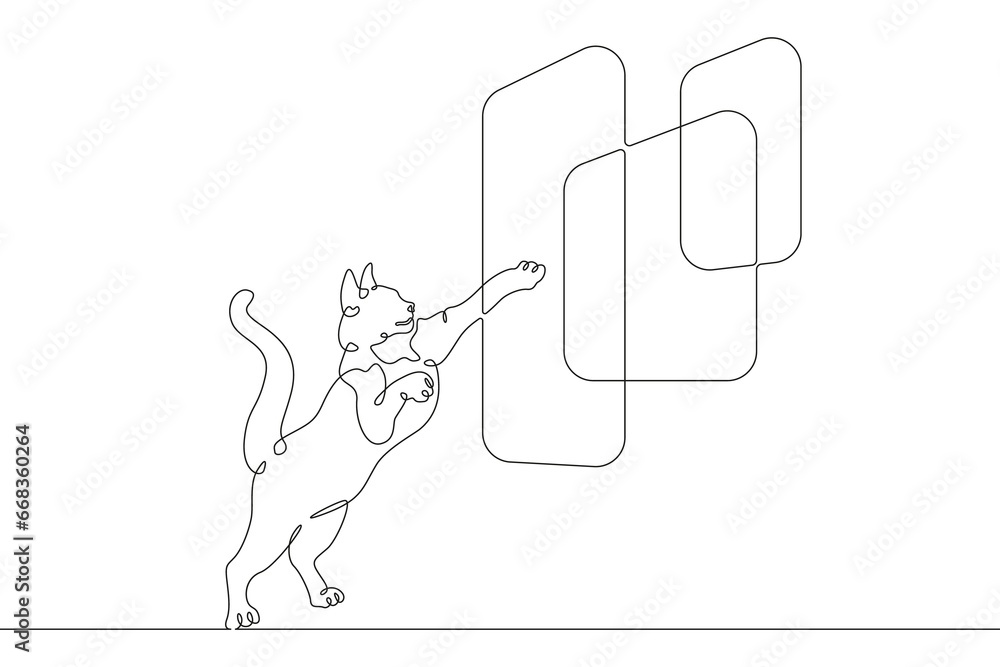 Cat in front of big screens. Interactive monitors. The cat touches the ...