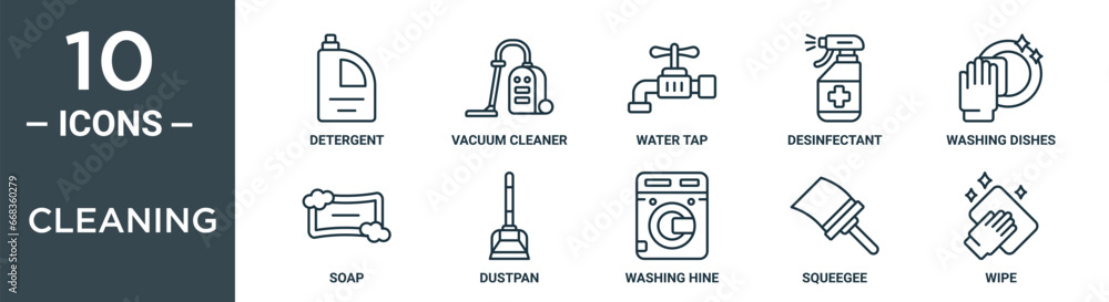 cleaning outline icon set includes thin line detergent, vacuum cleaner ...