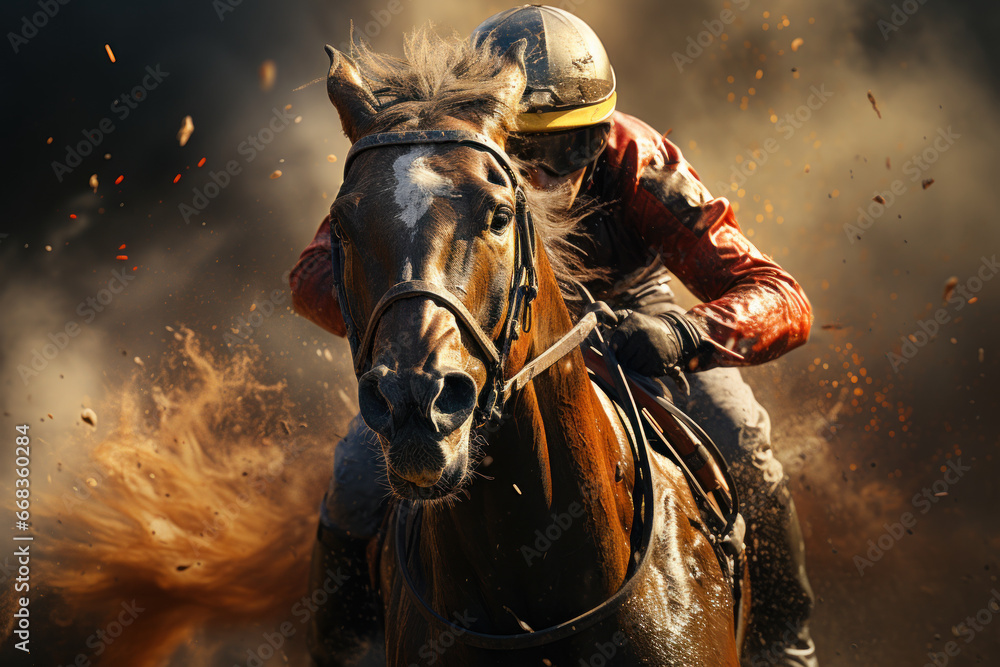 A talented jockey skillfully guiding a powerful racehorse to victory at ...