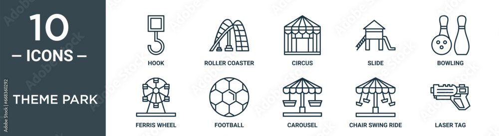 theme park outline icon set includes thin line hook, roller coaster ...