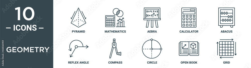 geometry outline icon set includes thin line pyramid, mathematics ...