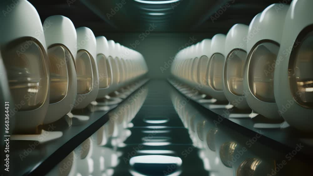 Scifi scene of a cloning facility, with rows of identical clones in ...