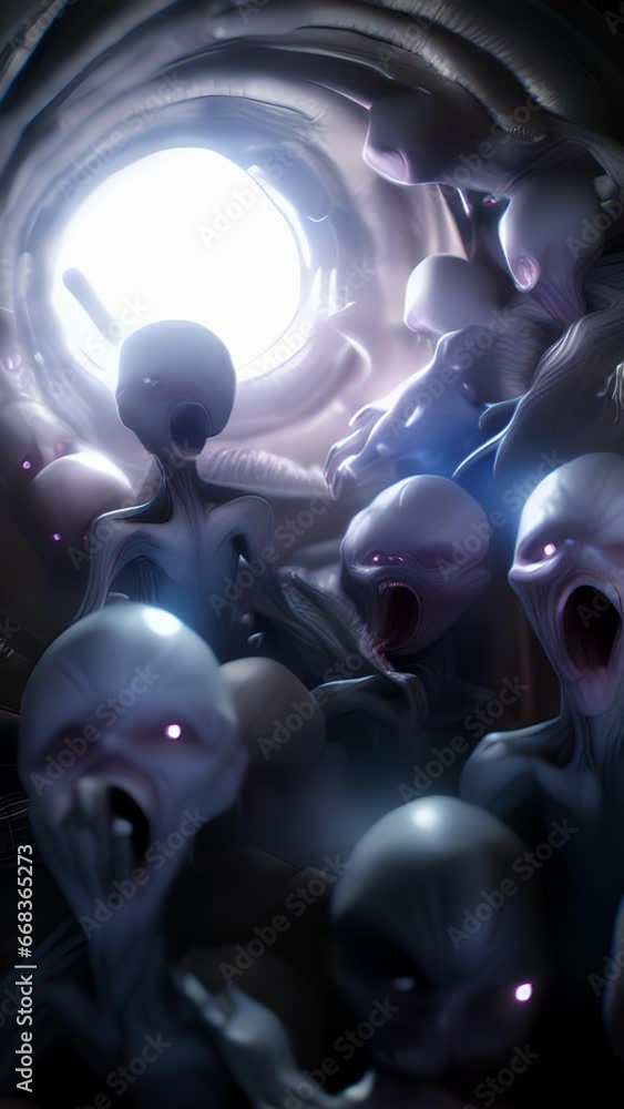 Scifi scene showing a group of alien beings emerging from a wormhole ...