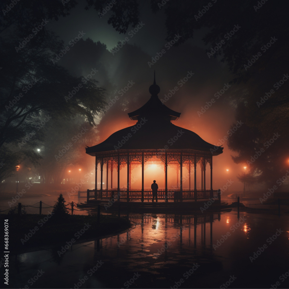 night in a round pavilion of a park surrounded by fog and low lighting ...