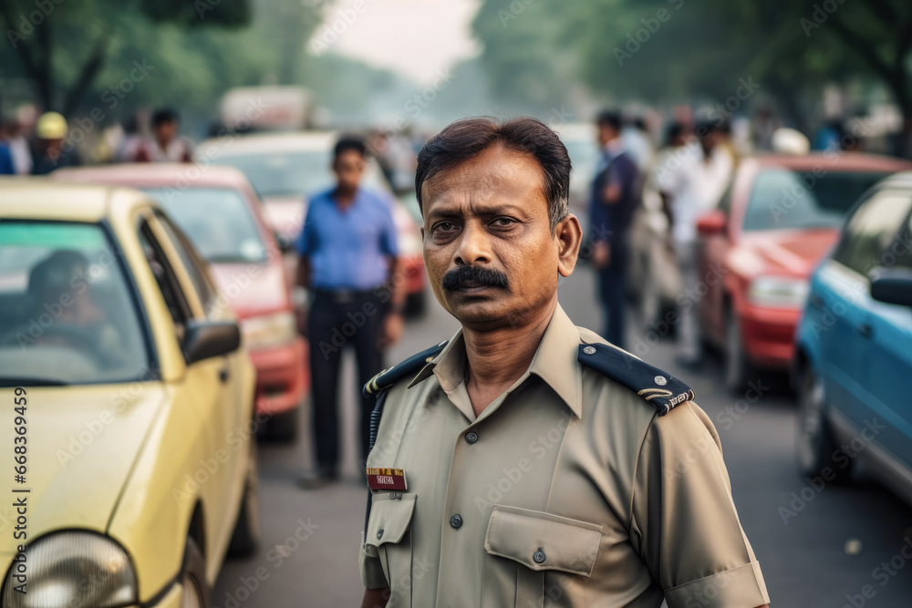 Indian man working as police officer or cop, closeup portrait, blurred ...