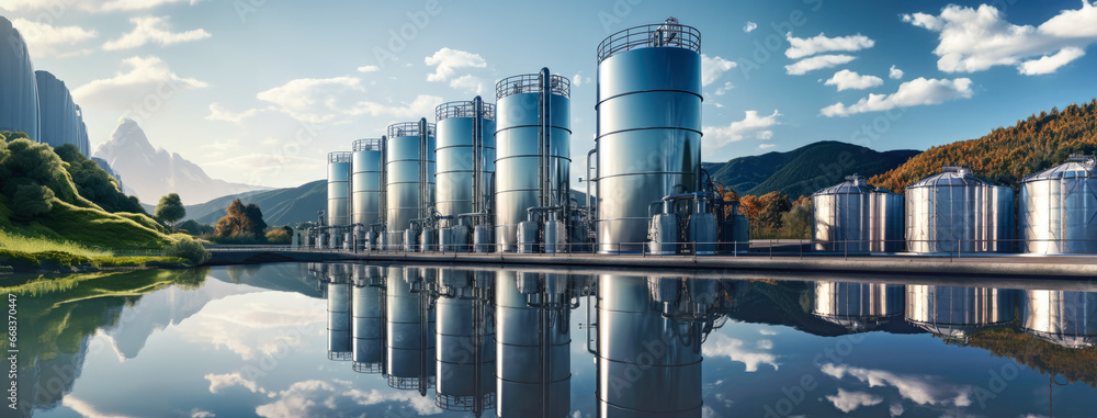 Hydrogen production plant, large metal storage tanks near lake or river ...