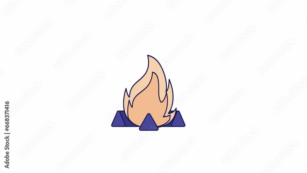 Camping bonfire burning line 2D object animation. Camp fire flat color ...